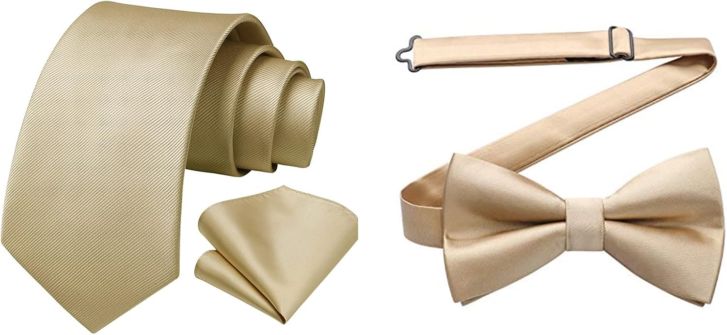 HISDERN Solid Color Ties for Men & Champagne Bowtie Pretied Classic ...