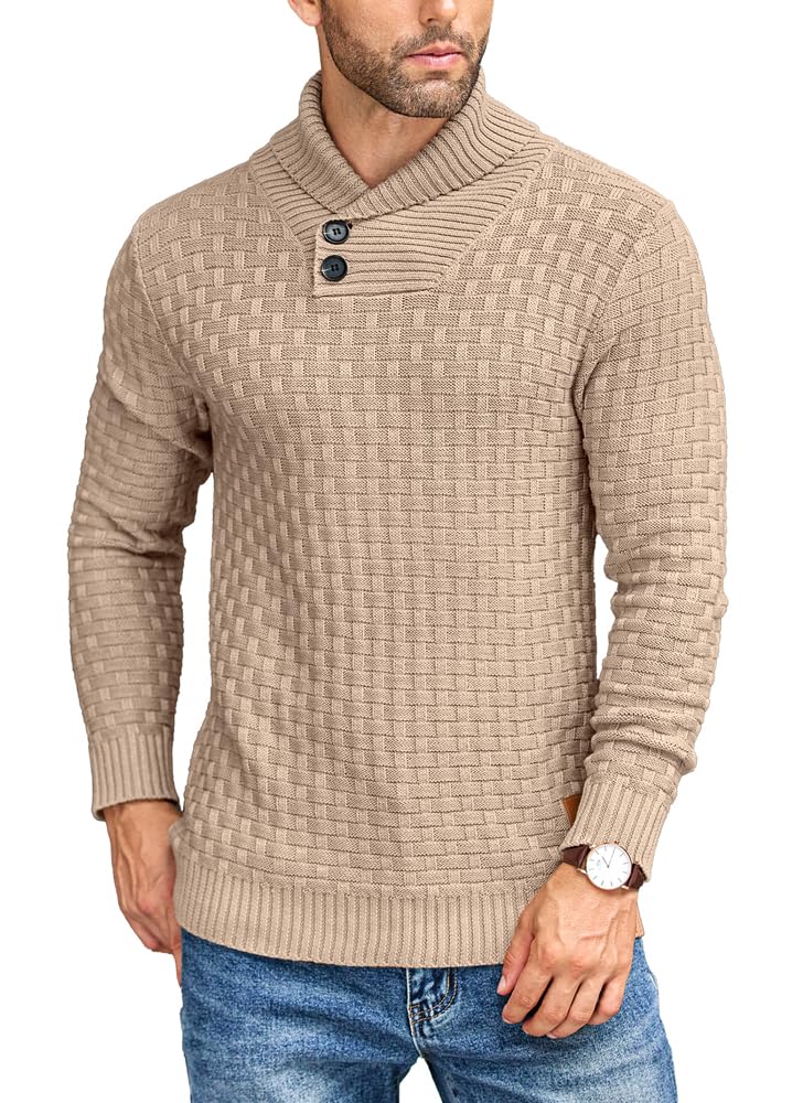 COOFANDY Men's Shawl Collar Pullover Sweater Casual Slim Fit Button Textured Knit Sweaters at ...