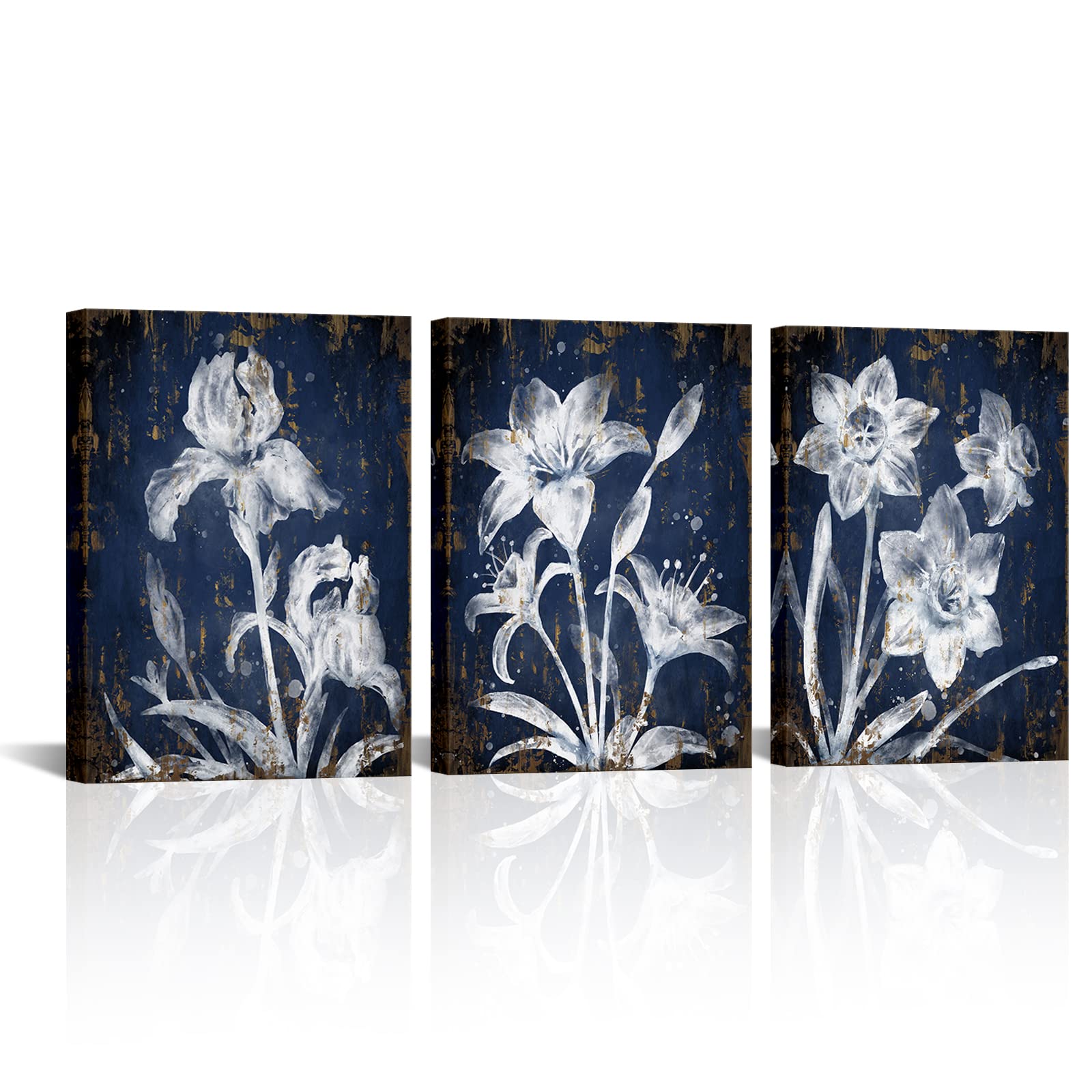Amazon.com: Derkymo 3 Pieces Vintage Flower Canvas Wall Art Navy Blue ...