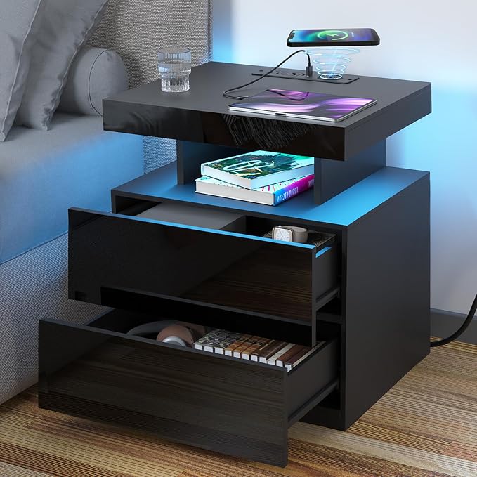 Amazon.com: HOMMPA LED Nightstand with Wireless Charging Station & USB ...