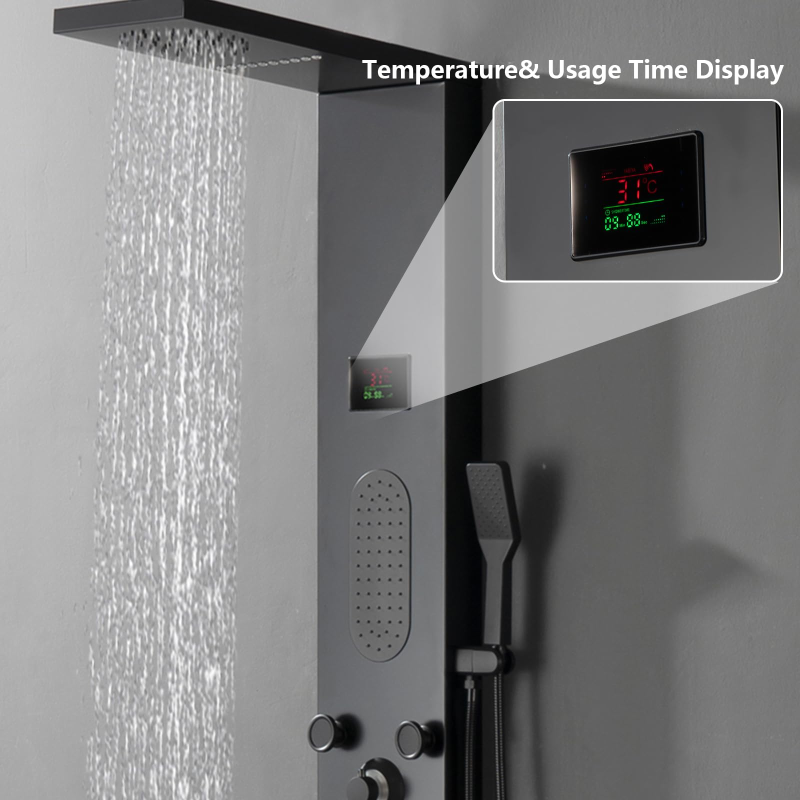BATHLAVISH Black Shower Panel LED Light Temperature Display 304 ...