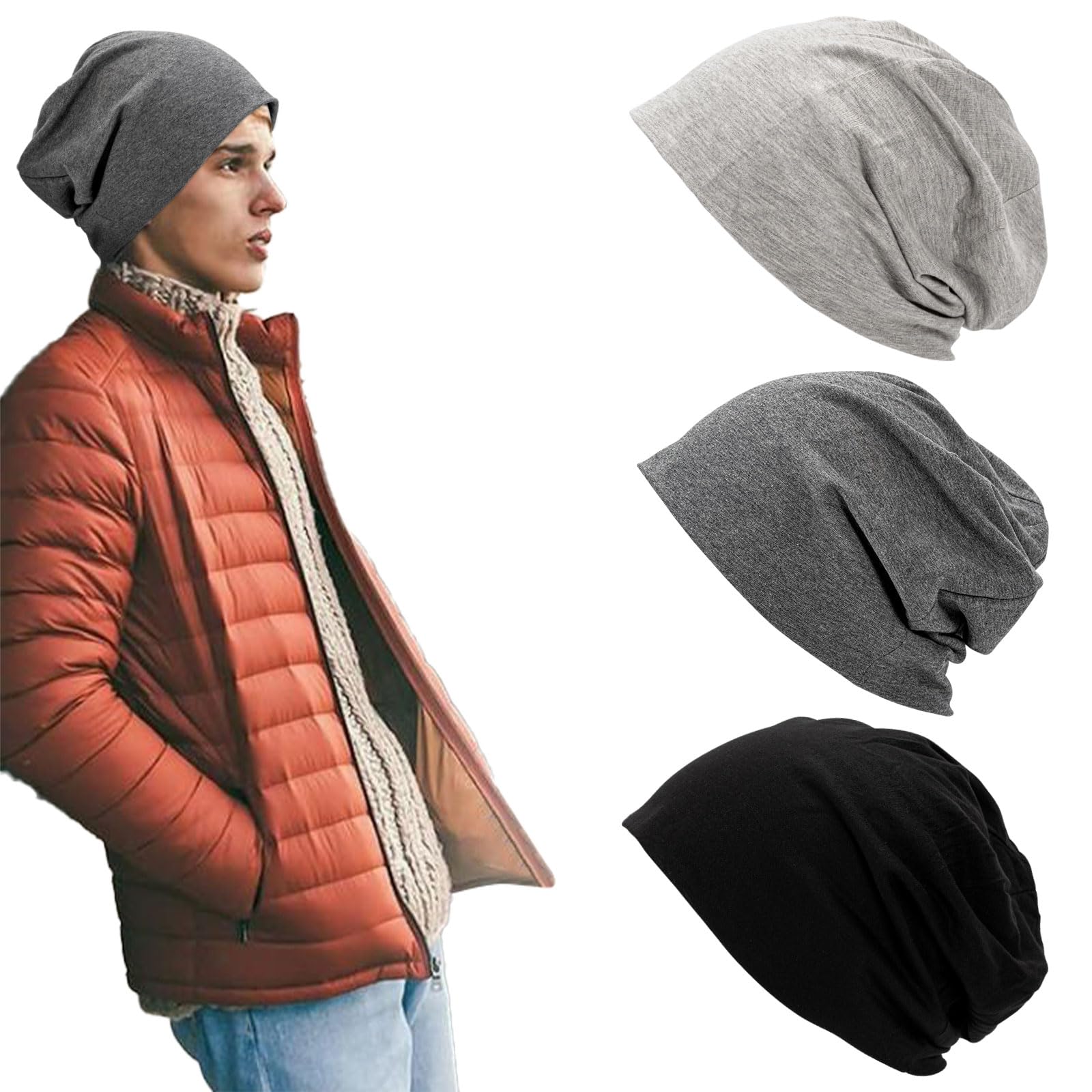 Slouch Beanies for Women, 3-Pack Soft Lightweight Cotton Slouchy Skull Cap Toques, Running Hats ...