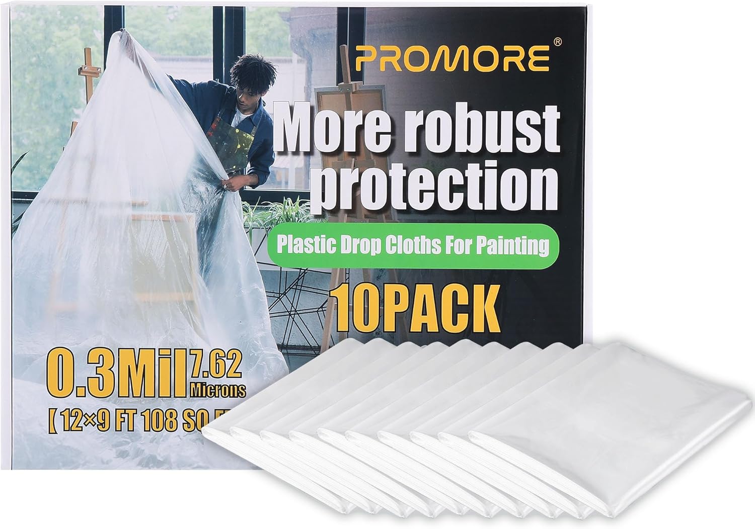 PROMORE 12x9 Ft Plastic Drop Cloths 10-Pack, Disposable Painting Tarps ...