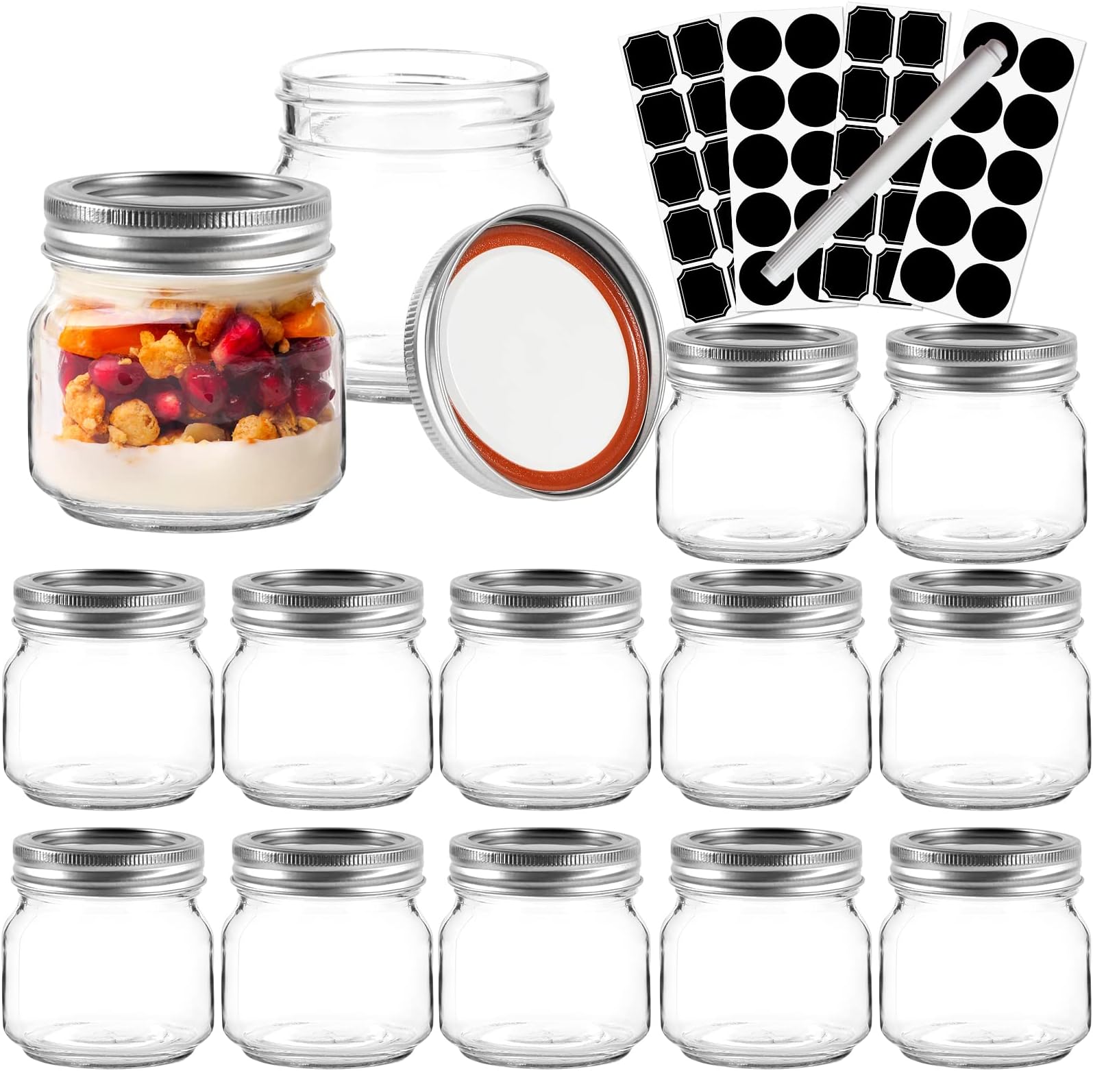 Yishik 8 oz Mason Jars with Silver Lids,12 Pack Glass Canning Jars ...