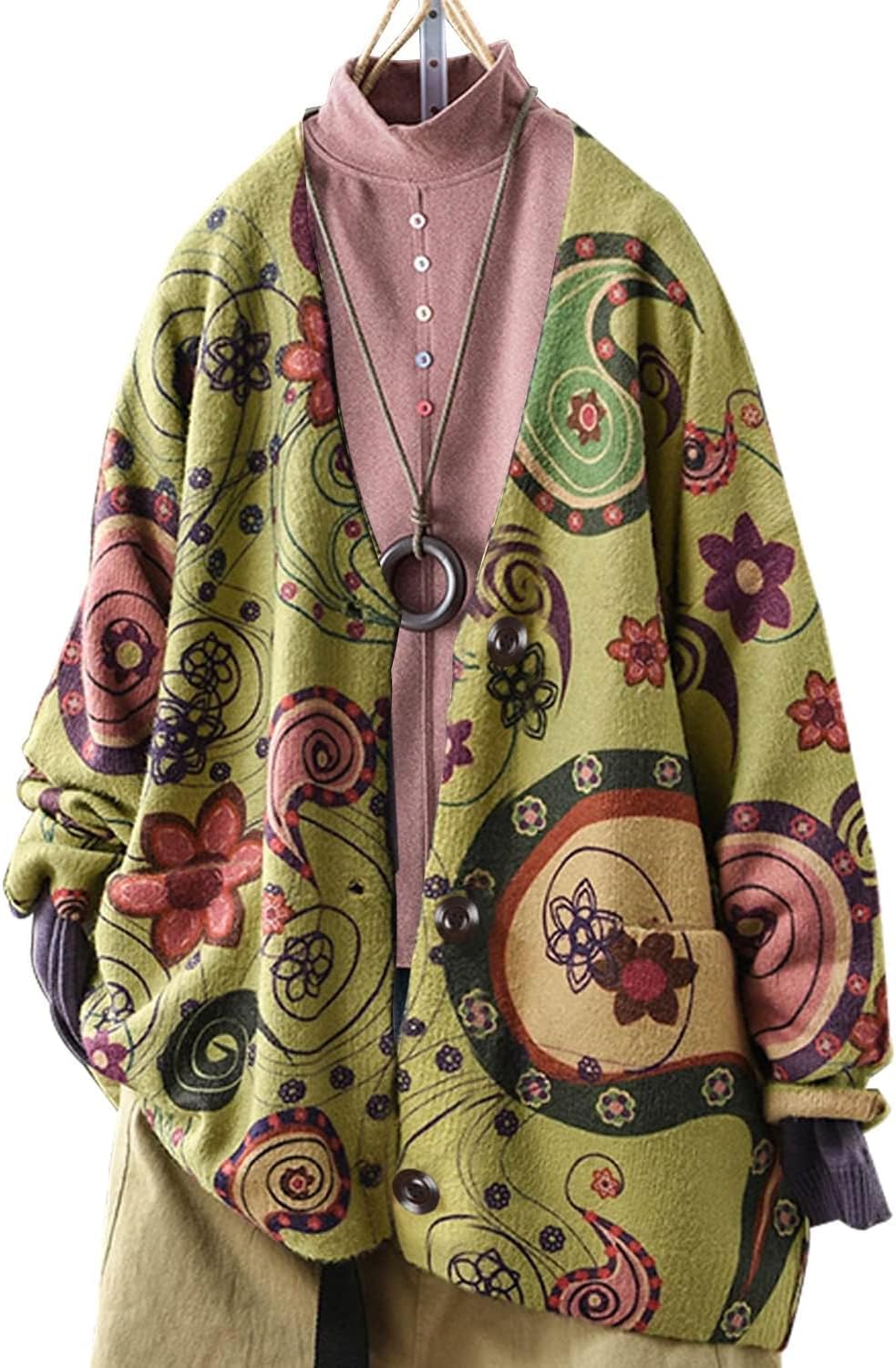 YESNO Women Cardigans Knitted Graphic Long Sleeve Jumpers V-Neck Button ...