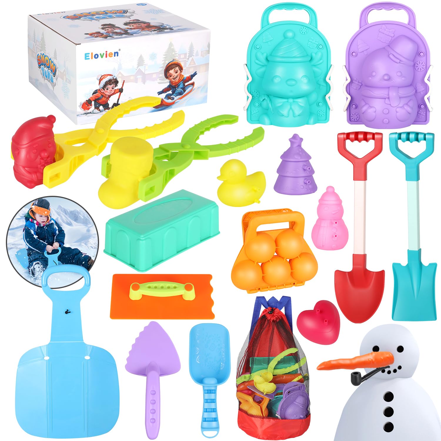 Elovien Snow Toys 32Pcs Snowball Maker Included Foldable Sleds for Kids ...