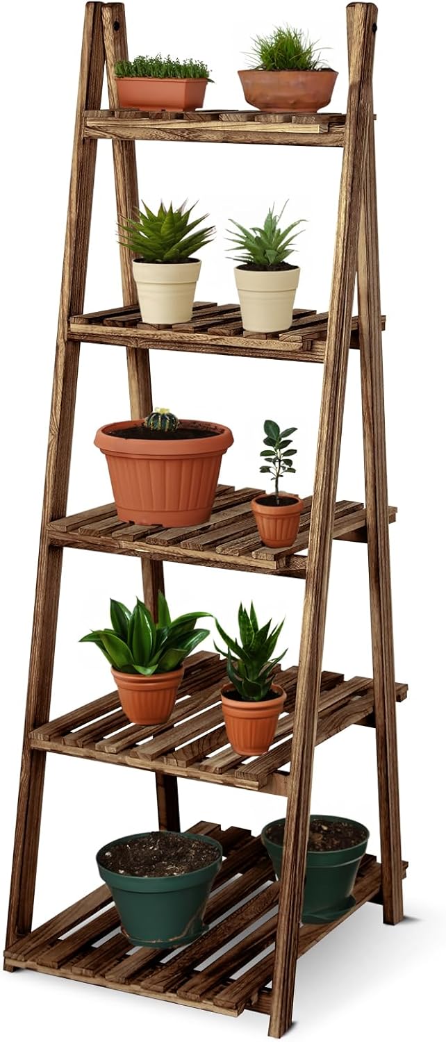Amazon.com: ECOMEX 5 Tier Ladder Shelf, Wooden Ladder Plant Rack Indoor ...