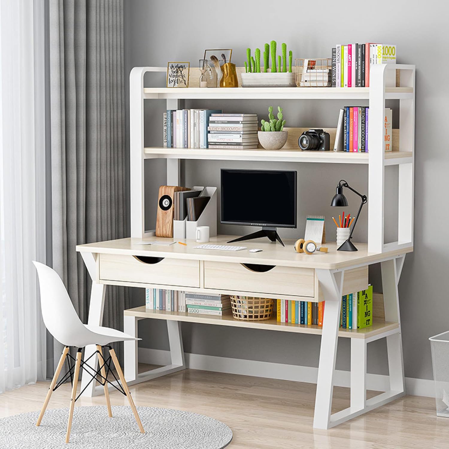 FAANAS Computer Desk with Storage Shelves and 2 Drawers Home Office ...