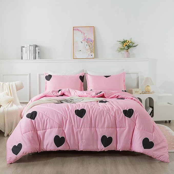 Amazon.com: Caressma Love Pattern Girls Pink Comforter Set King Size ...