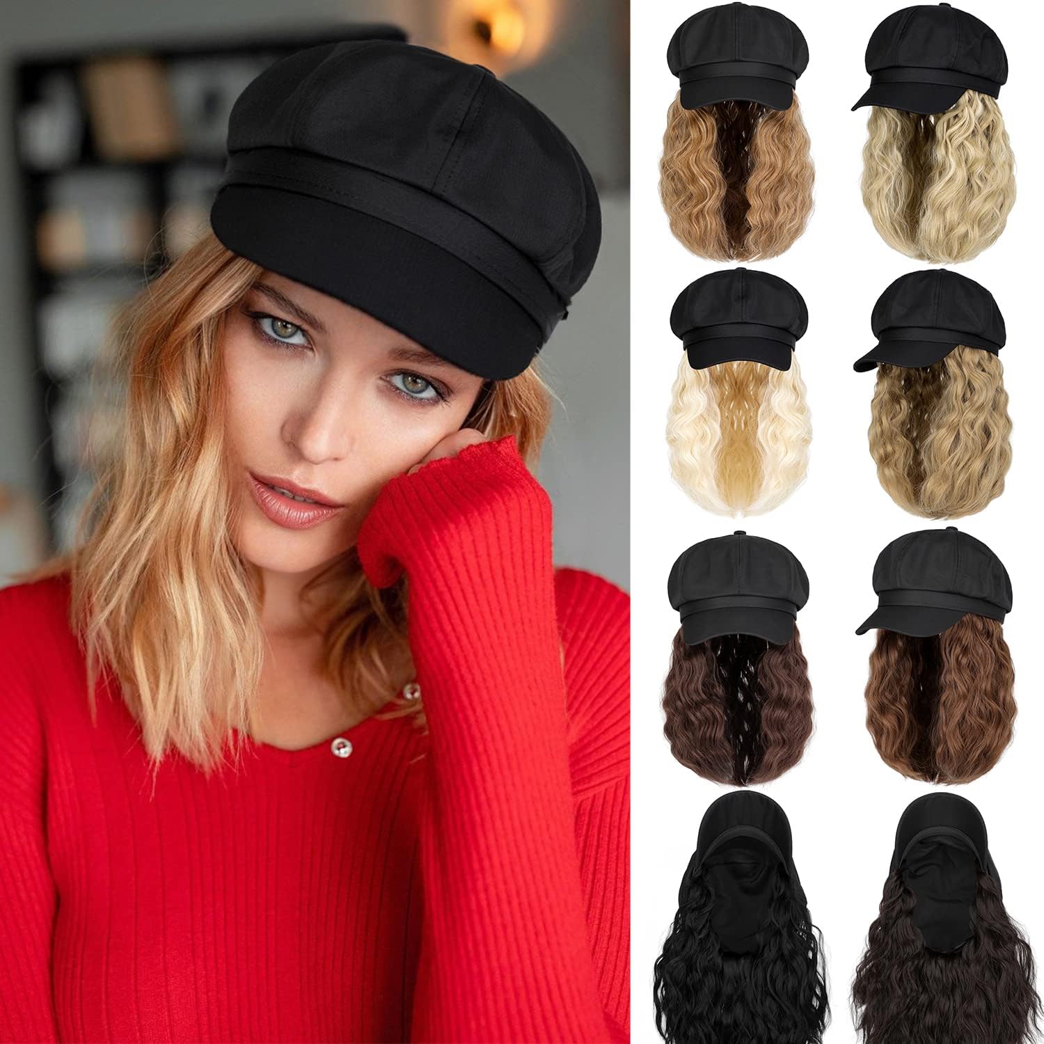 Amazon.com : Qlenkay Newsboy Cap with Bob Hair Extensions Black Hat Wig ...