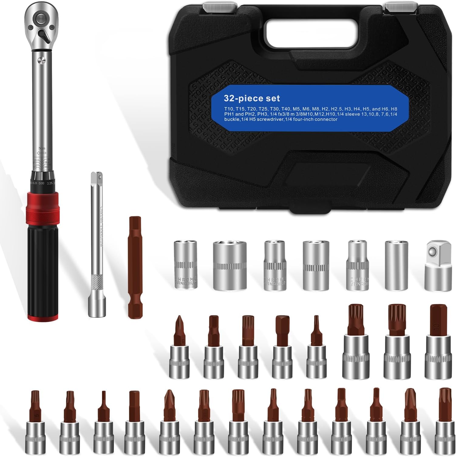 Folsaun 1/4 Inch Drive Torque wrench Set 32 Piece, 1/4'' Fx3/8''M 1/4''xH5 M10 M12 M12 1/4 H5 ...
