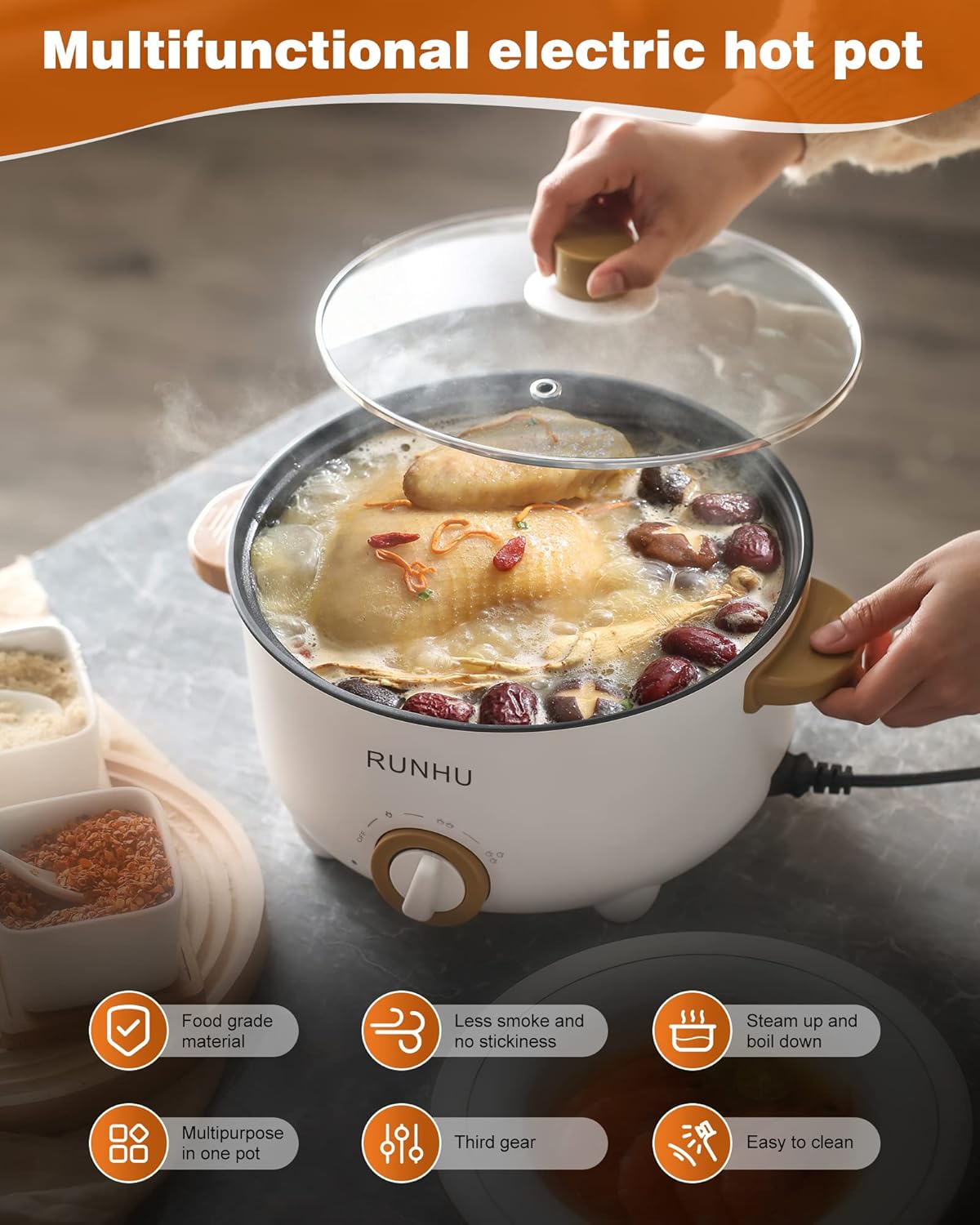 Buy وعاء ساخن كهربائي RUNHU مع باخرة ، مقلاة كهربائية غير لاصقة 4L مع ...