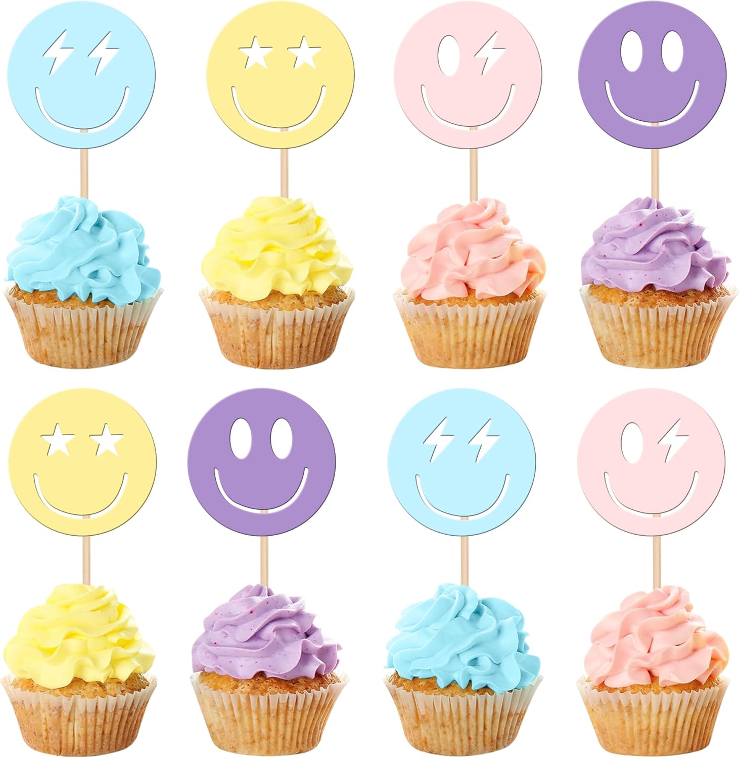 24 piezas de decoración de cupcakes con cara sonriente preppy rayo ...