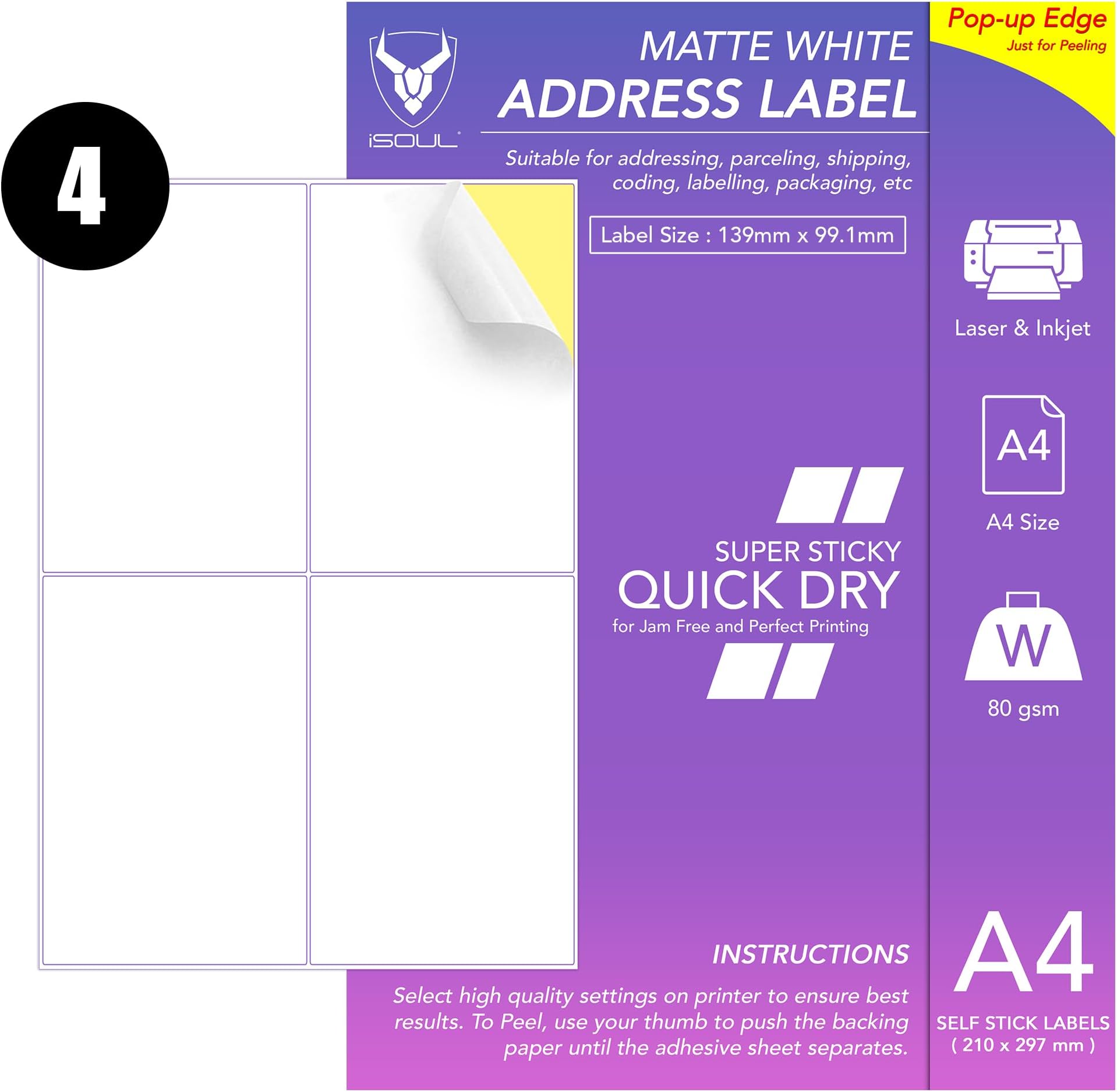 8 per Sheet, 25 Sheets, A4 White Sticker Labels, Laser/Inkjet Printing ...