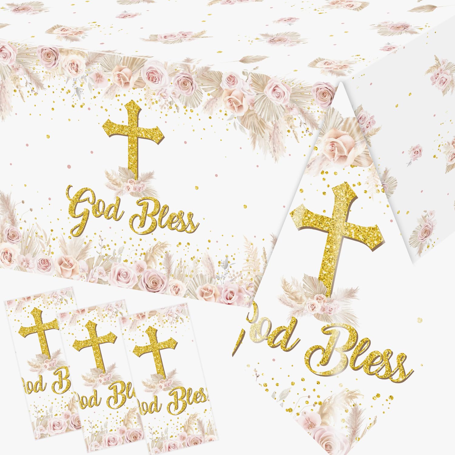 Amazon.com: OGMOGKW Baptism Decorations Tablecloth,3Pcs God Bless ...