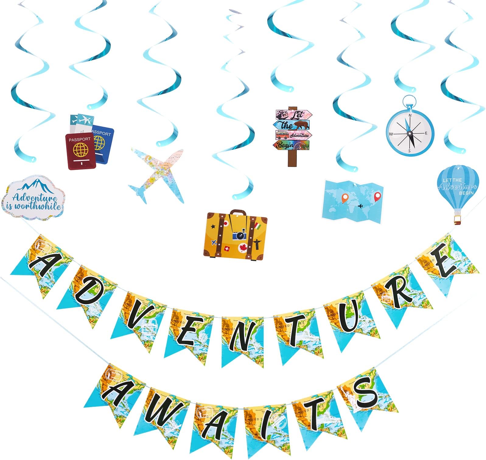 Bon Voyage Party Decorations, World Map Pennant Adventure Party Banner ...