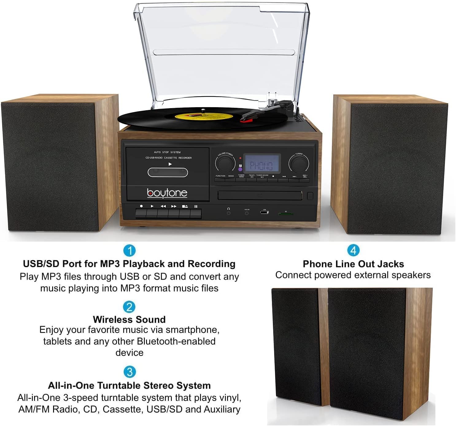 公式卸売り Boytone BT-24MB Bluetooth Classic Style Record Player Turntable ...