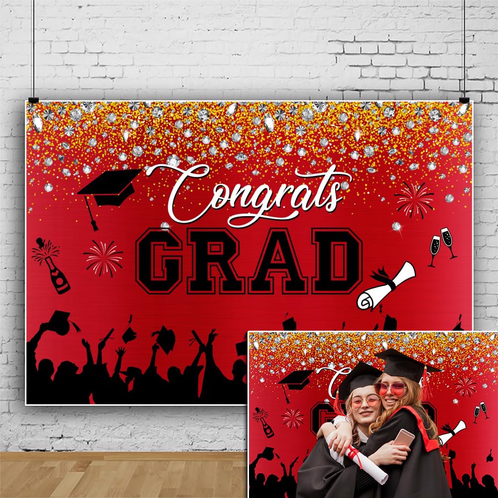 Amazon.com : Leowefowa Congrats Grad Backdrop 10x8ft Red Black Gold ...