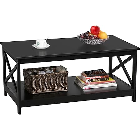 Amazon.com: Yaheetech Wood 2-Tier Black Coffee Table with Storage Shelf ...
