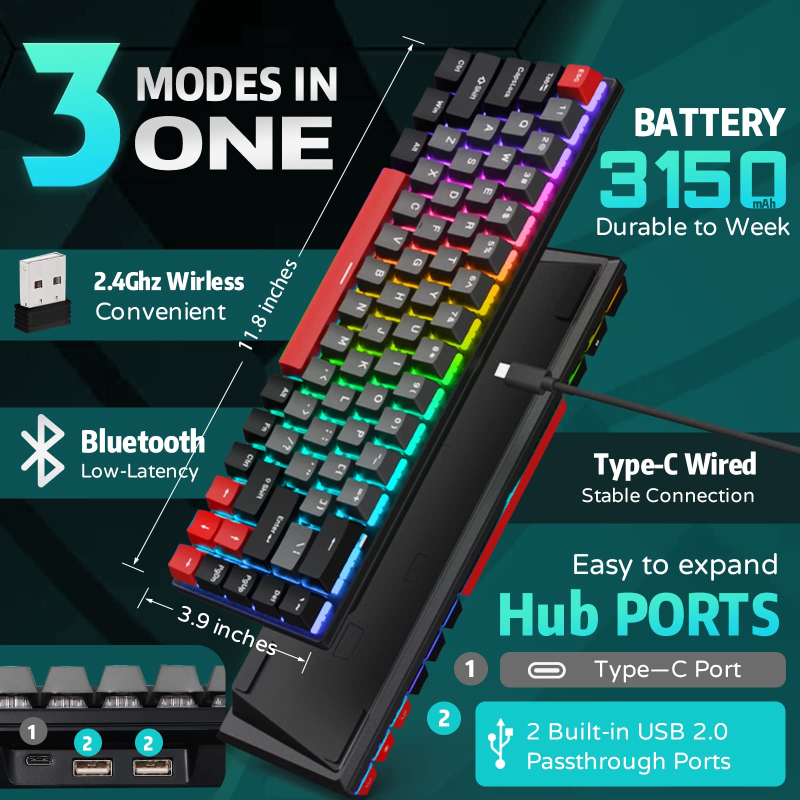 RK ROYAL KLUDGE RK G68 65% Wireless Mechanical Gaming Keyboard ...