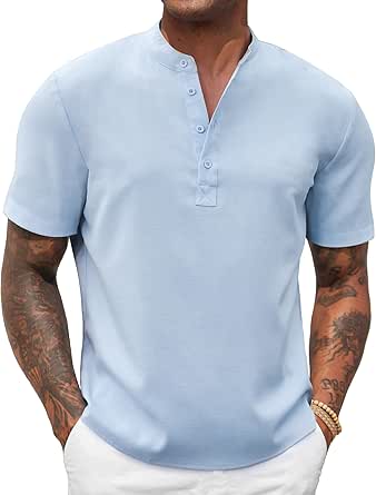 Amazon.com: COOFANDY Men's Casual Summer Beach Henley Shirt Band Collar Lightweight Hippie Tee ...