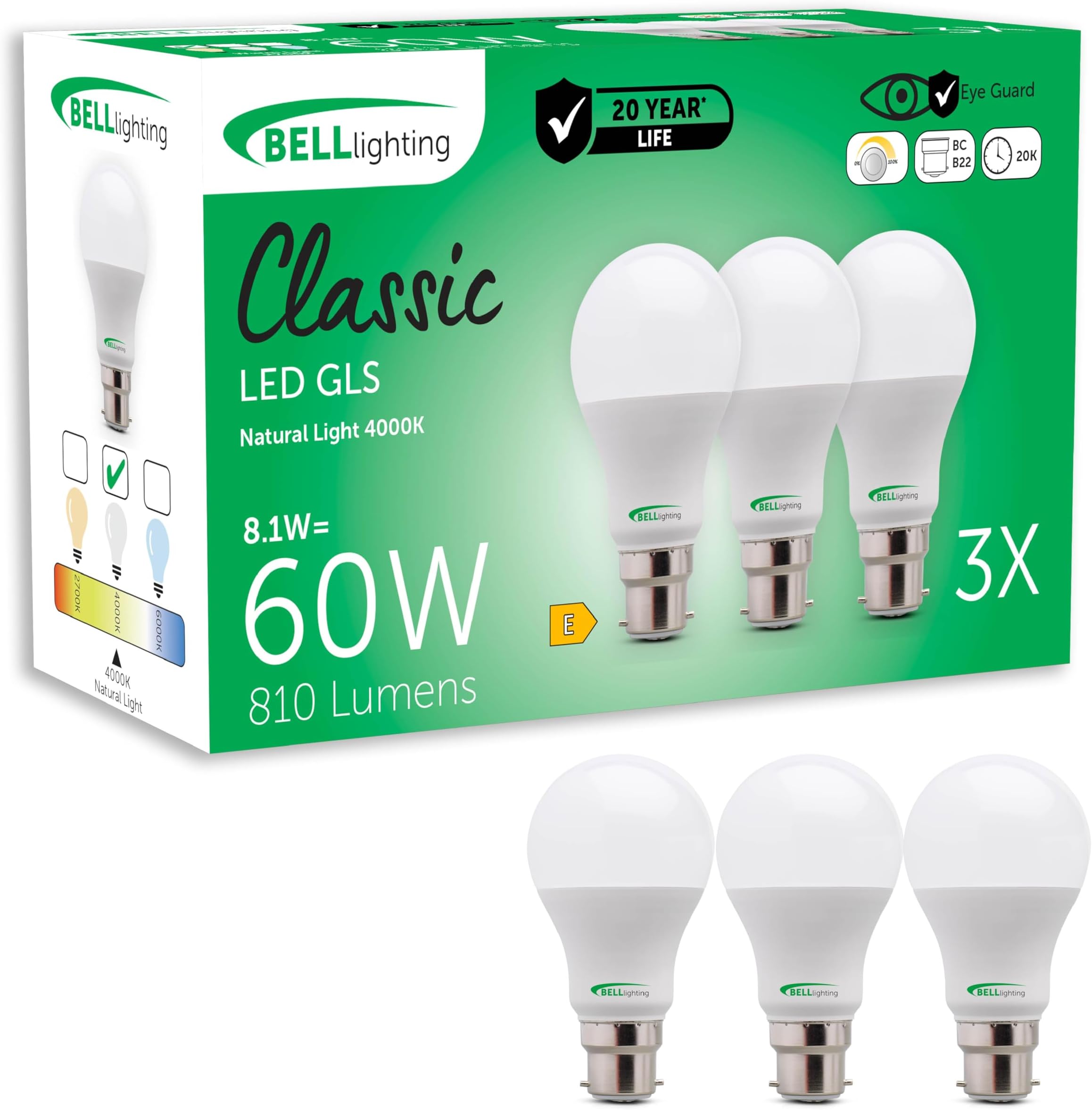 Bell Lighting B22 Bayonet Dimmable Light Bulb LED GLS 3 Pack | Natural ...
