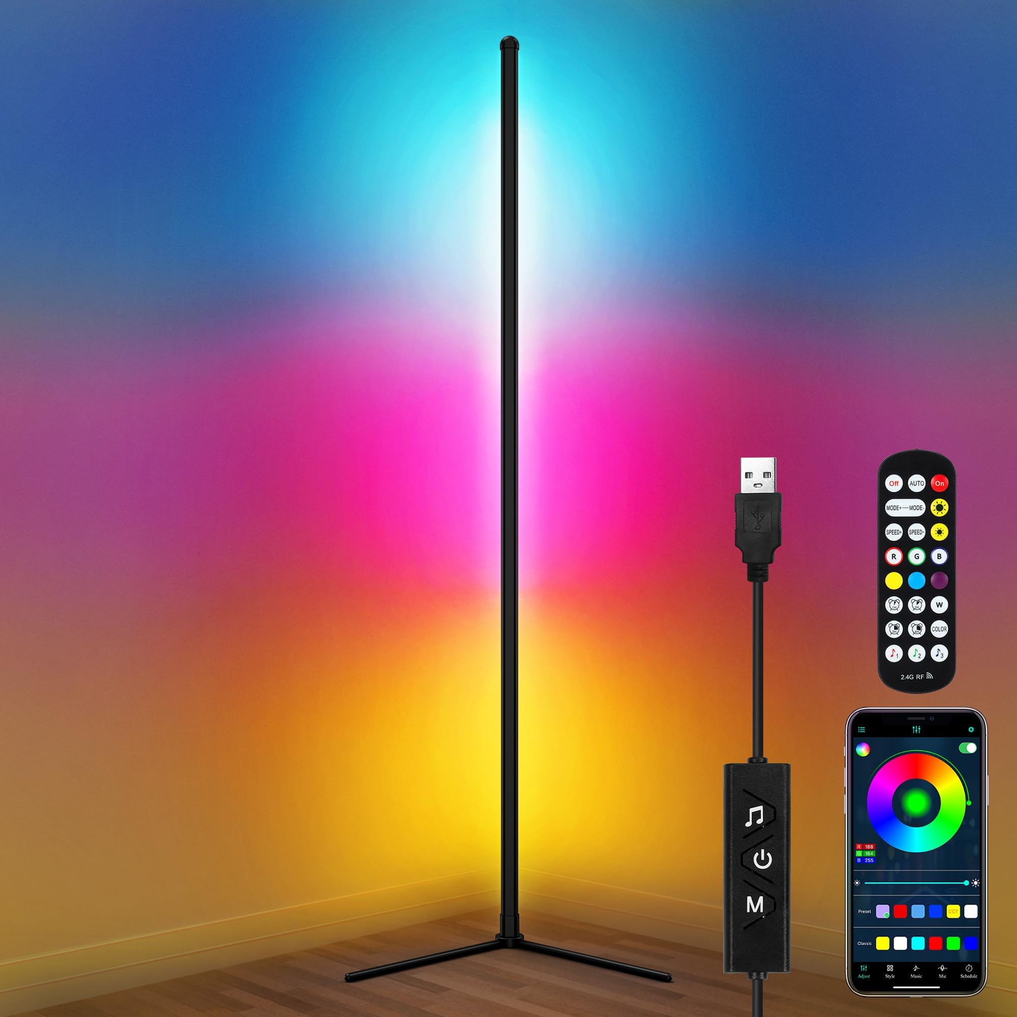 OUTON LED Corner Floor Lamp, 165cm Dimmable Modern RGB Color Changing ...