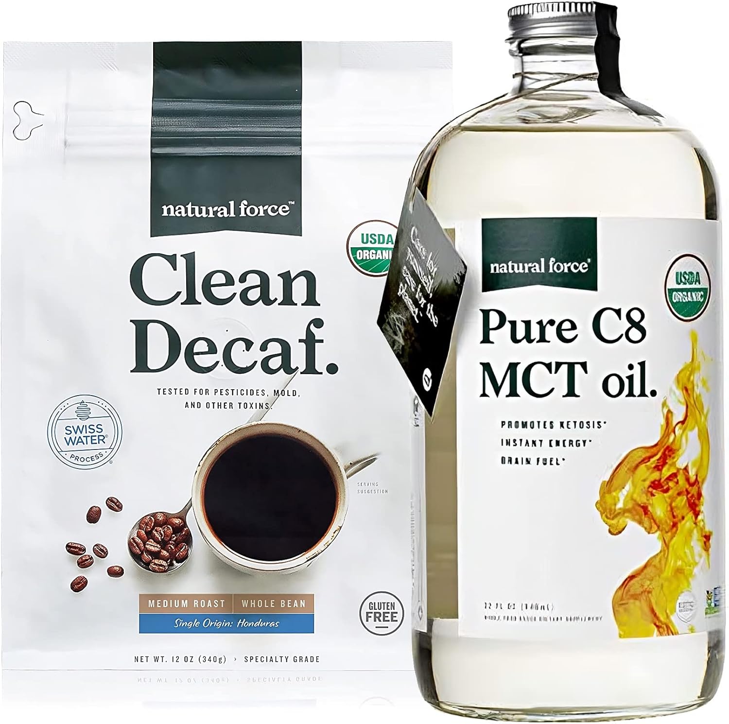 Amazon.com: Natural Force Clean Decaf Coffee + Organic Pure C8 MCT Oil Bundle – 100% C8 MCTs ...