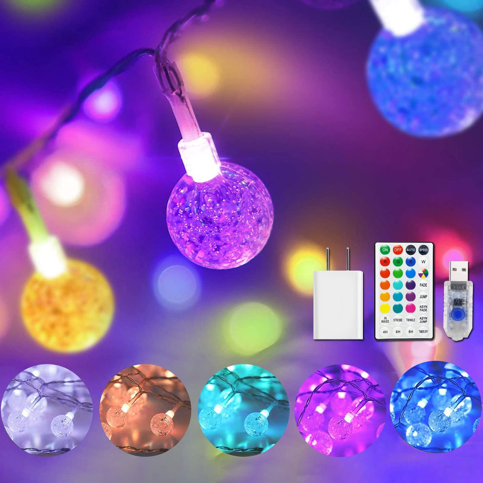 OMIKA Color Changing Globe String Lights USB Plug, 16.4ft 50 LEDs ...
