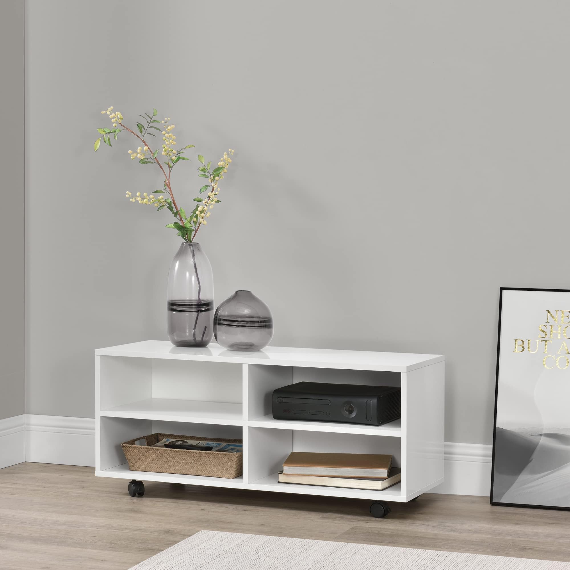 Moooble TV Bank weiß, auf Rollen | braune Deckplatte & Regalböden, aus ...