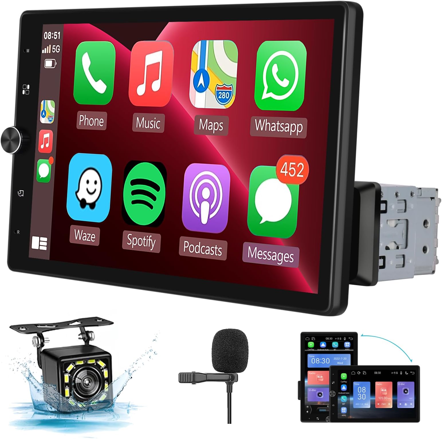 Amazon.com: Single Din Radio Carplay 10.4inch HD Vertical Rotatable ...
