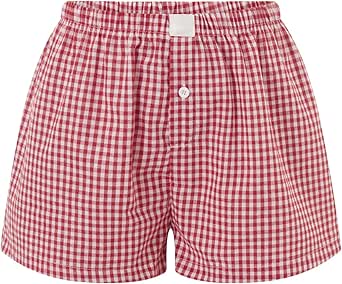 JINZIYINZI Y2k Women Plaid Gingham Boxer Shorts Button Elastic Waist ...