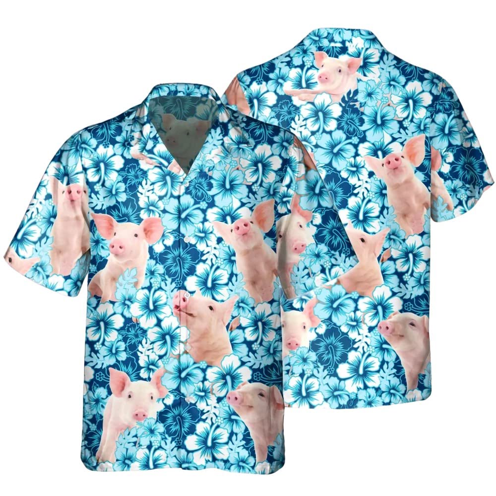 Amazon.com: Tropical Pig Hawaiian Shirt Blue Hibiscus Flowers Pig ...
