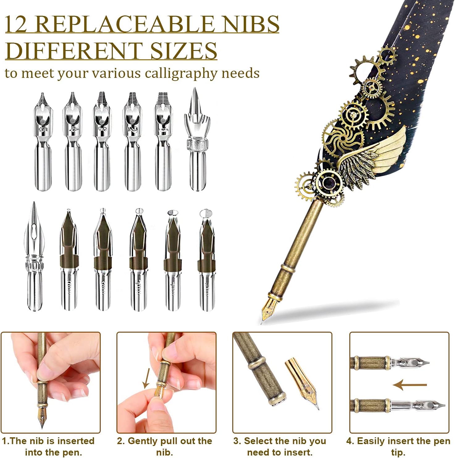 Buy AIYNC Quill Pen, Quill Pen Ink Set Including Mechanical Feather Pen ...