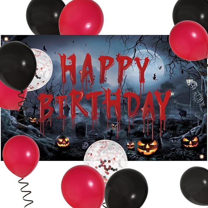 Amazon.com: Happy Birthday Halloween Banner Backdrop Scary Halloween ...