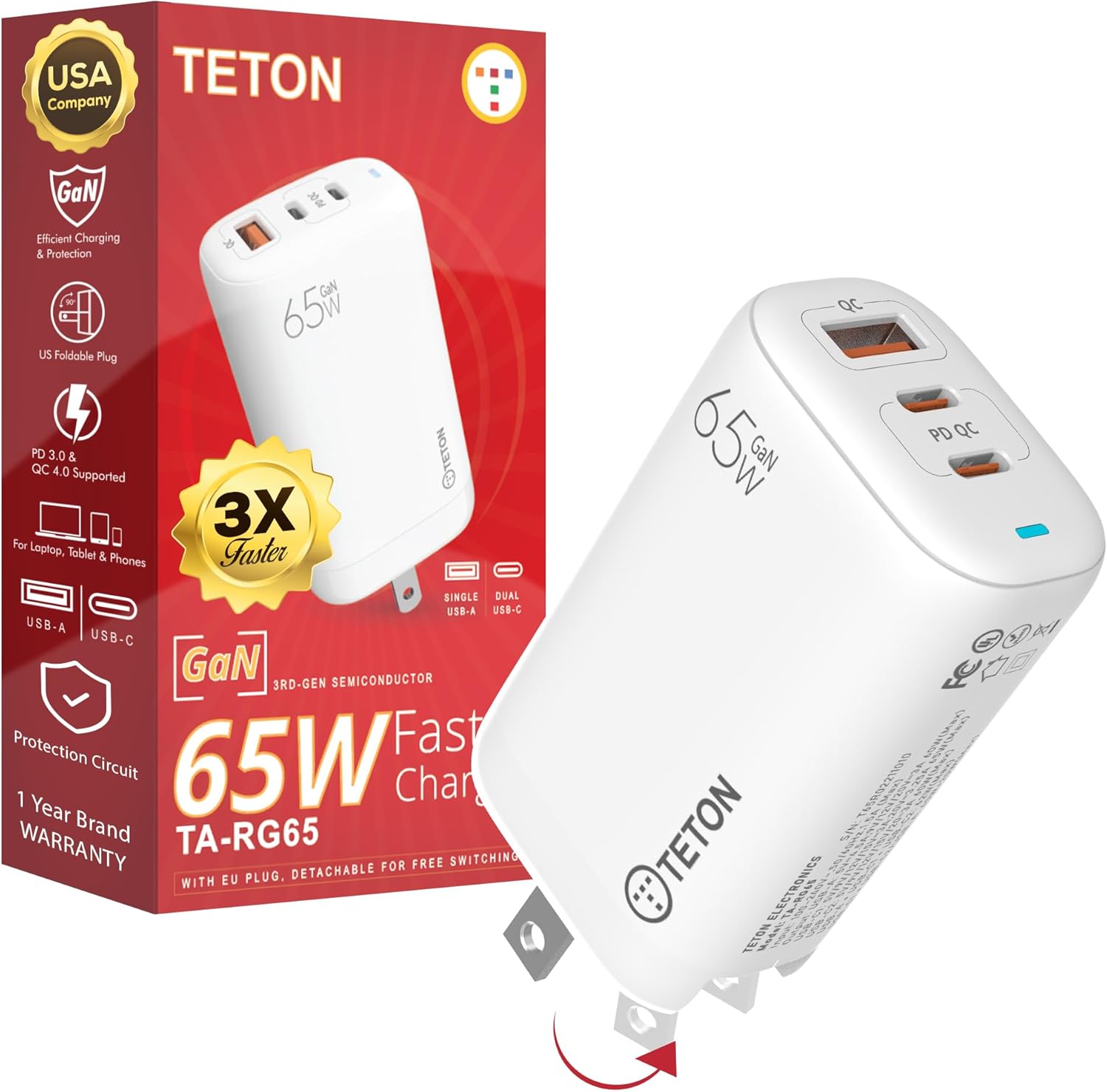 Amazon.com: 65W USB C Charger TETON ELECTRONICS, 3-Port Fast GaN Charger Block,Foldable Wall ...