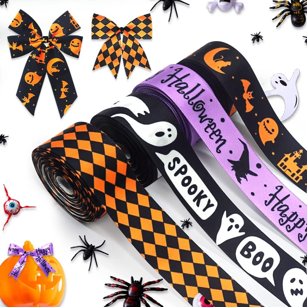 Amazon.com: Kuscul 25Yards Halloween Wired Ribbons, 5 Rolls Pumpkin Bat ...