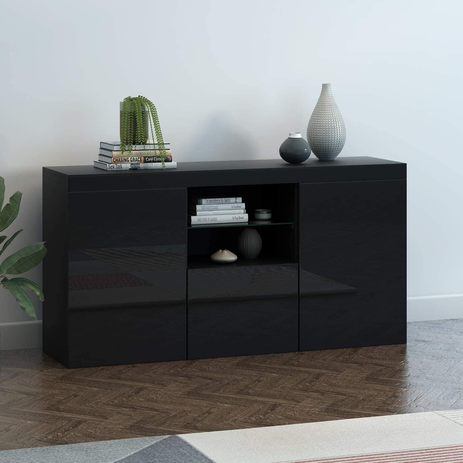 Vida Designs Nova 3 Door Modern LED Sideboard in Black, RGB Lights ...