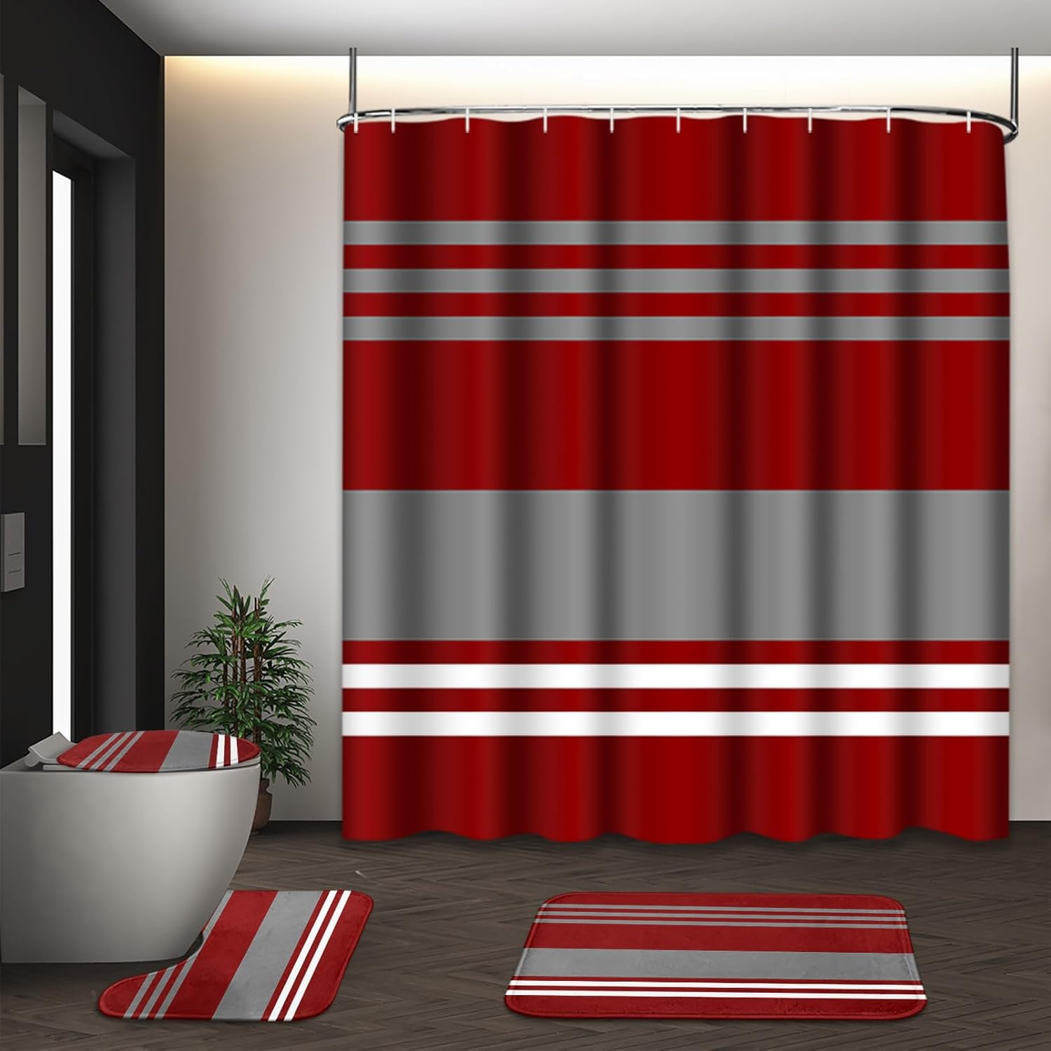 Amazon.com: Tayney Red Burgundy Stripes Shower Curtain Set with Toilet ...
