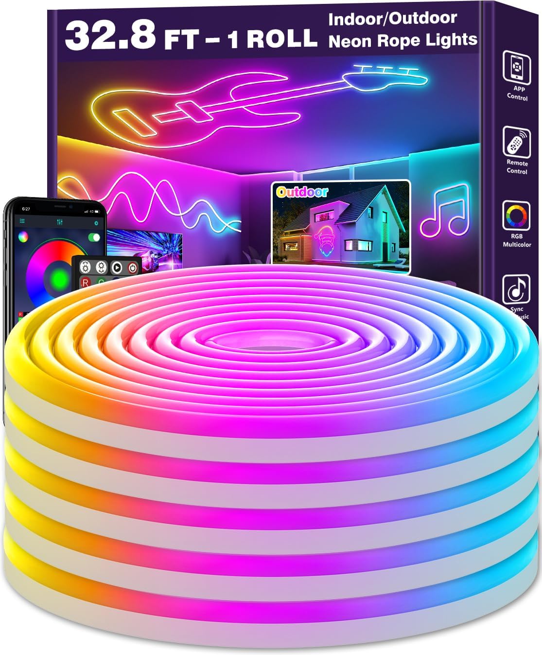 Amazon.com: 32.8Ft Neon Rope Lights,Flexible Led Rope Lights Control ...