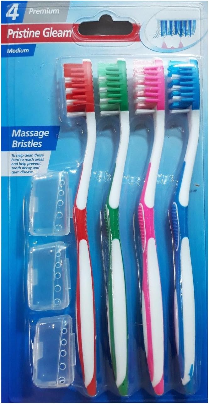 Pack of 4 Toothbrushes with Covers Nylon Bristles Brush Anti-Slip Grip ...