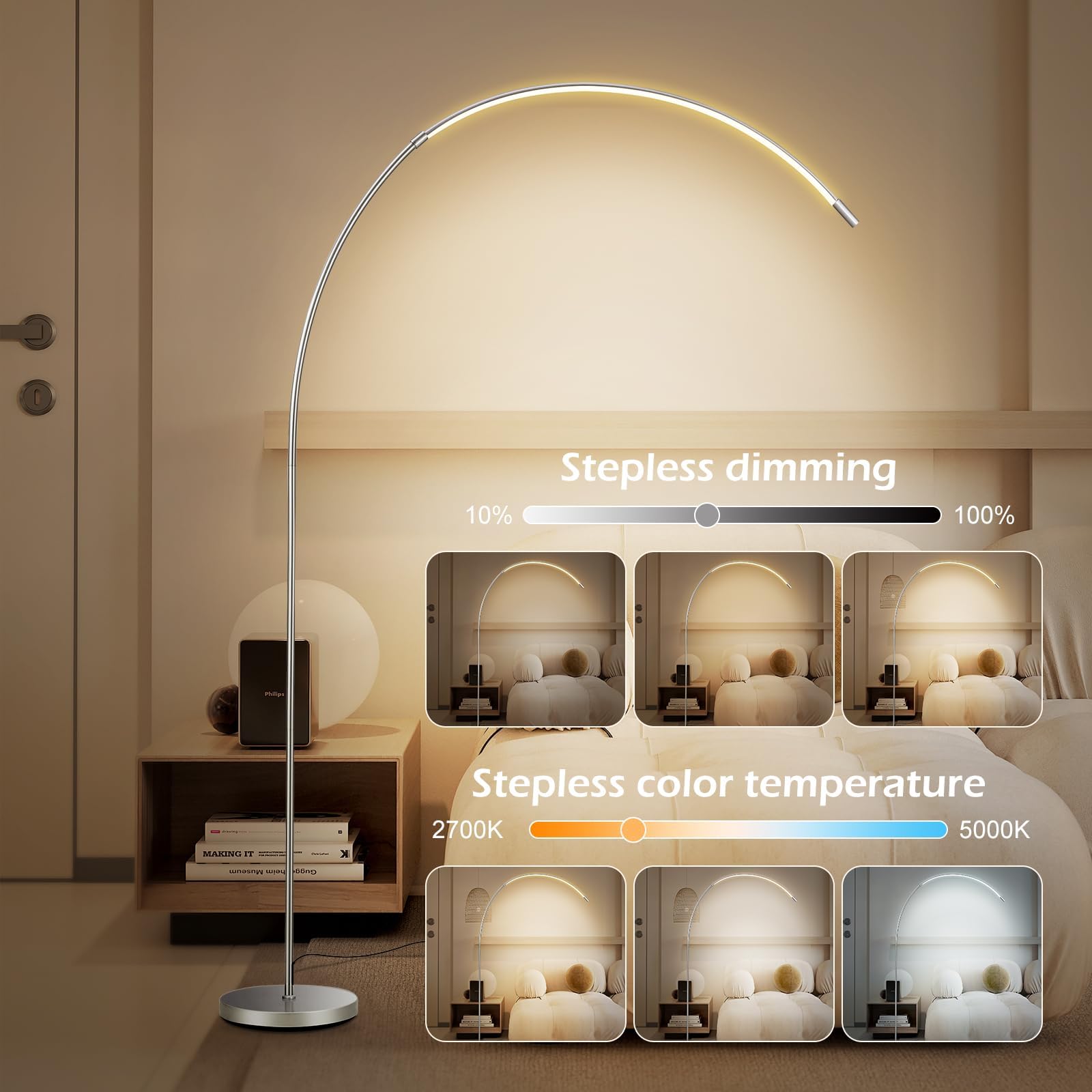 Arc Floor Lamp with Touch Control, Dimmable Floor Lamp with Remote ...