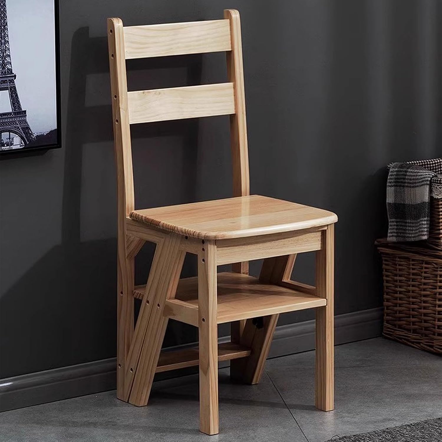 Wooden 4 Step Ladder Chair, Folding Step Stool Convertible Ladder Chair ...