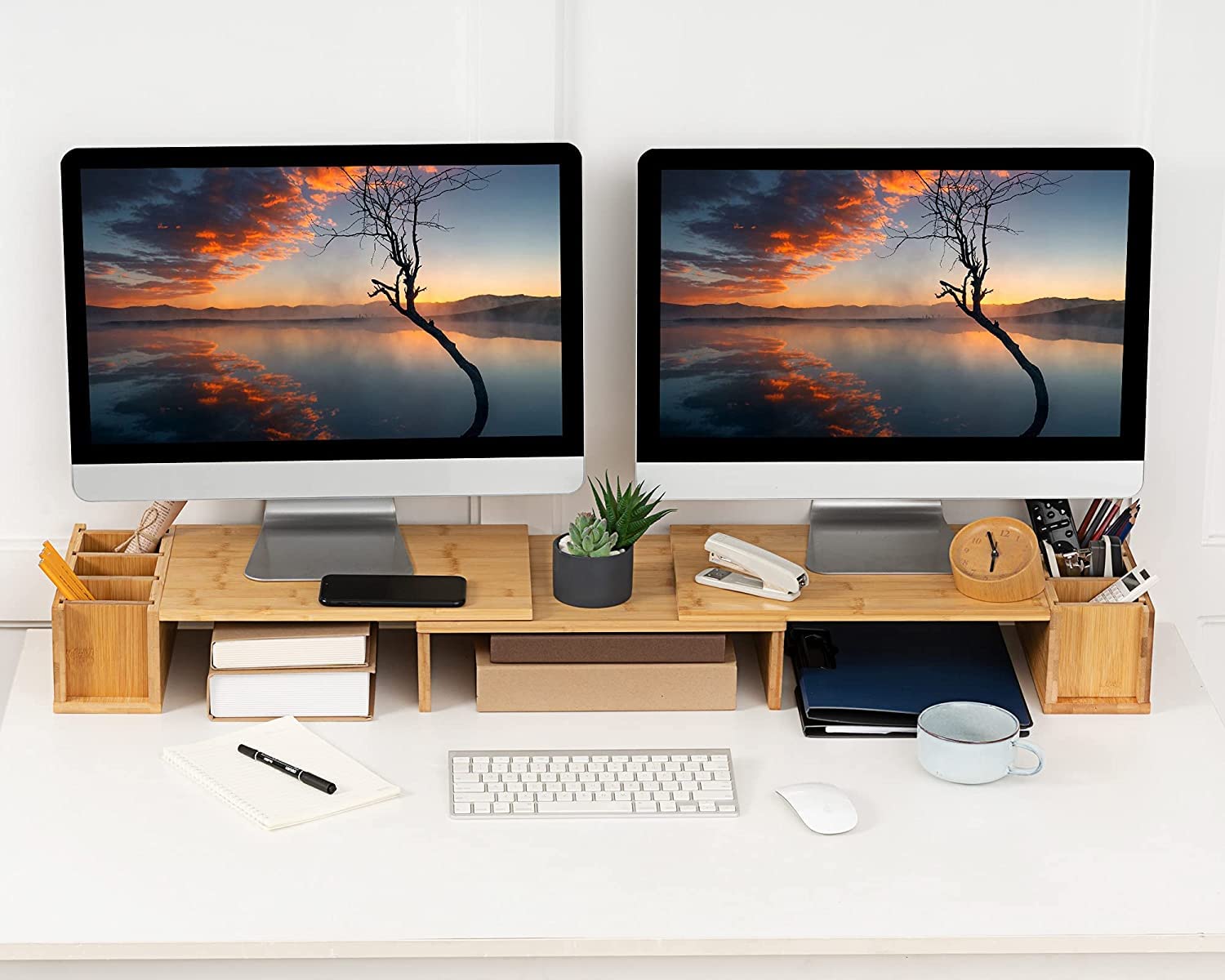 WELL WENG Bamboo Dual Monitor Stand Riser, 3 Shelf Screen Laptop Stand ...