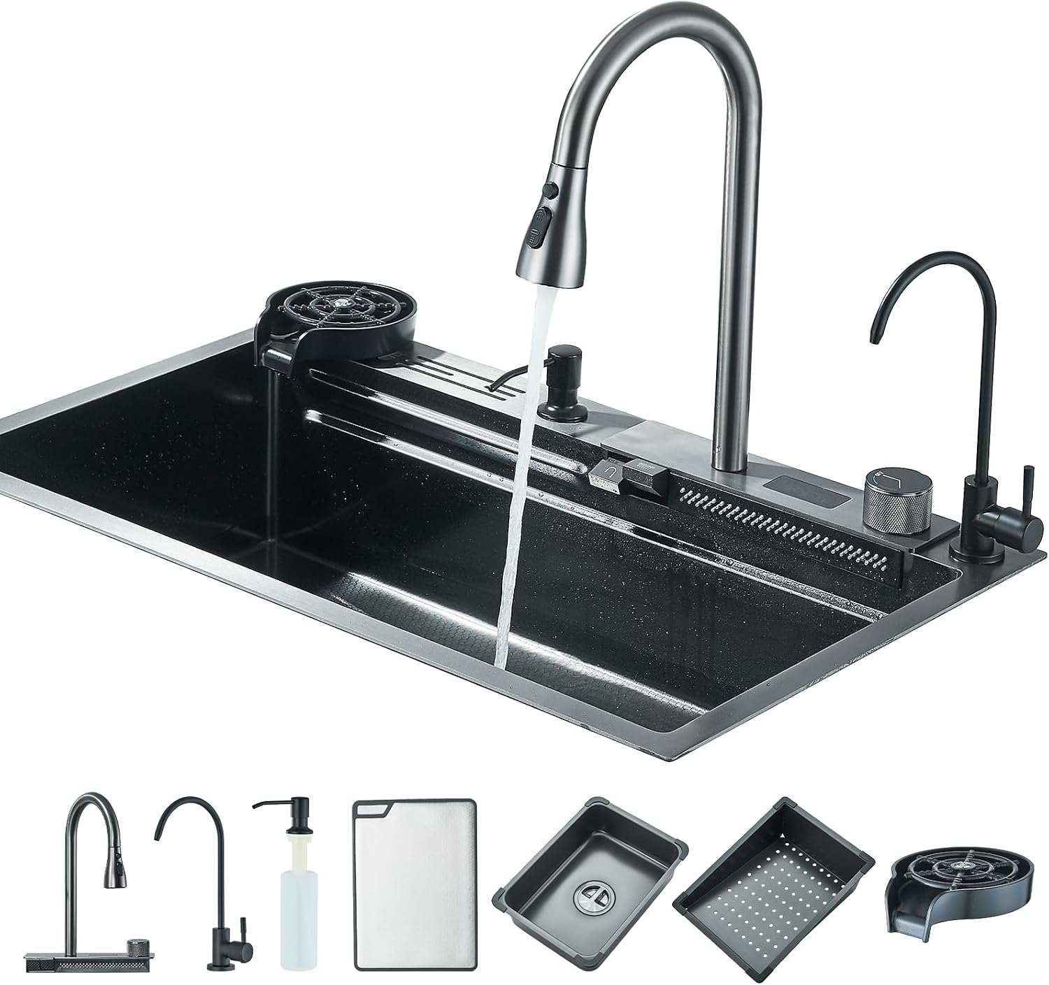 Hevenaov Kitchen Sink Grey Multifunctional Digital Display Waterfall ...