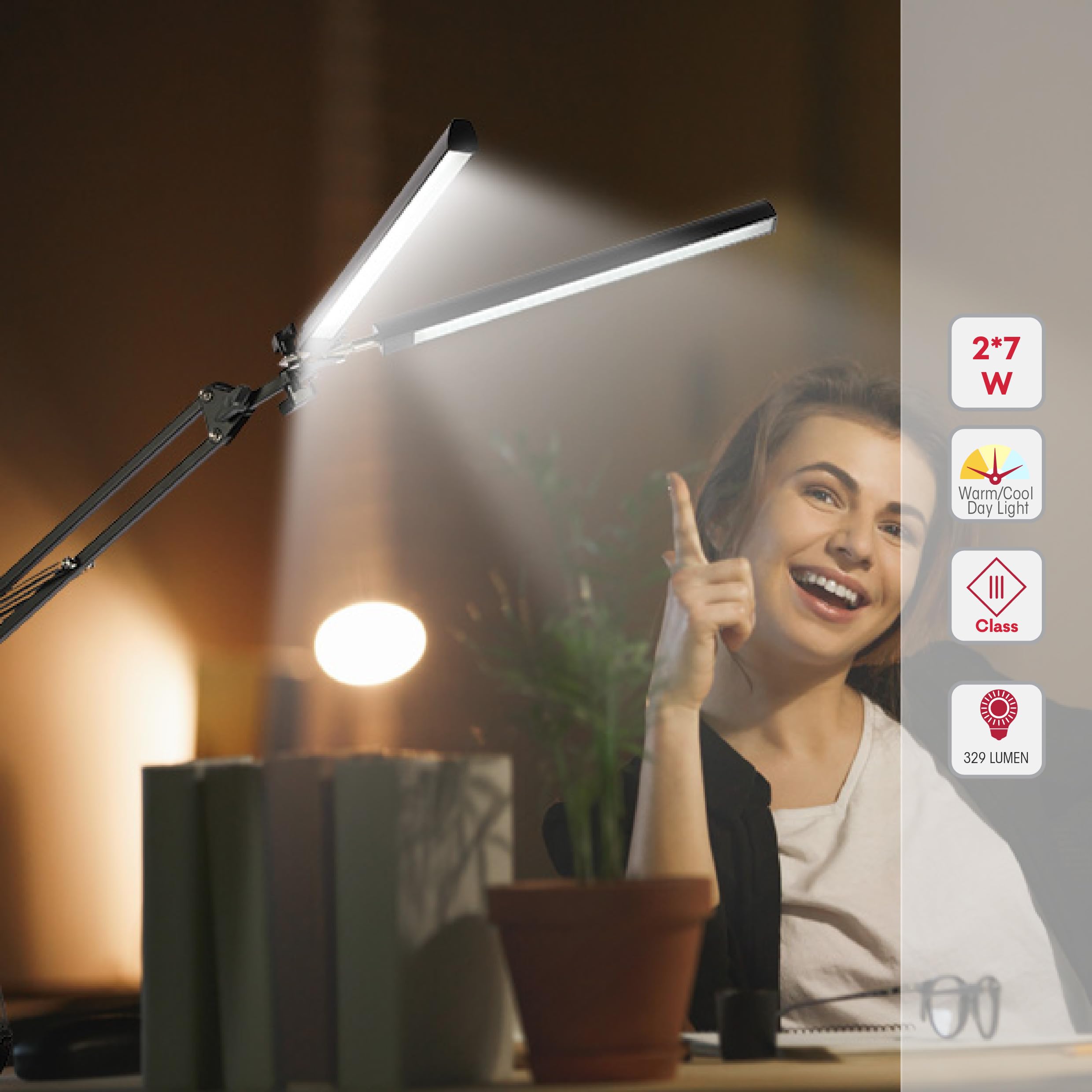 TEKLED Adjustable Long Arm LED Desk Lamp with Clamp | 3 CCT Stepless ...