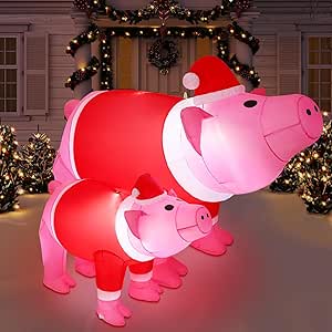 Shappy 6.9ft Huge Christmas Inflatable Pink Pig LED Lighted Decoration ...