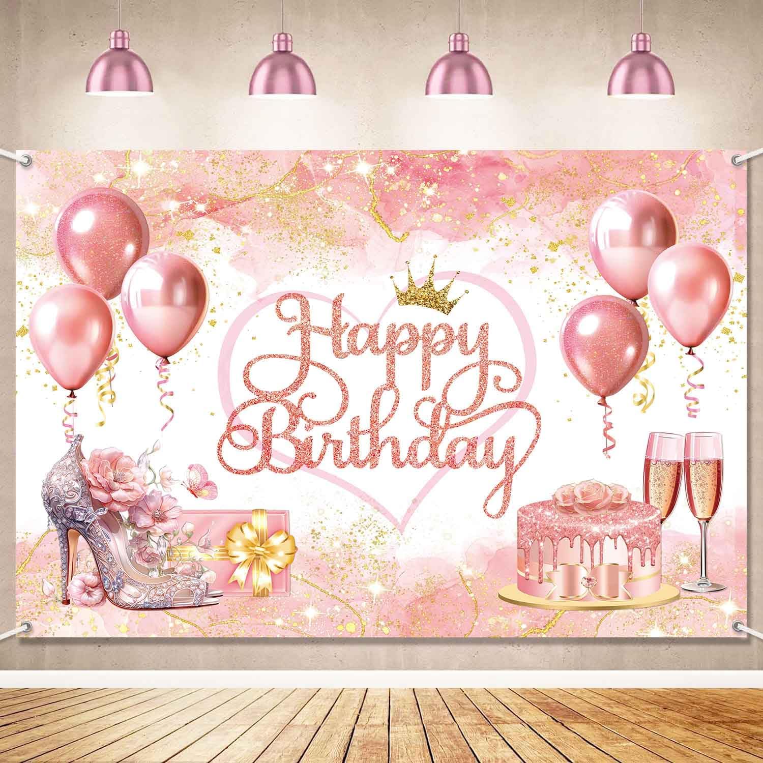 Amazon.com : LDWLYW Rose Gold Happy Birthday Banner Backdrop Pink Rose ...