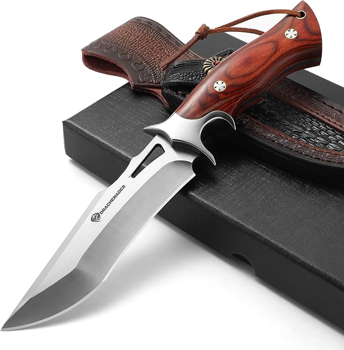 DRACHENADER Fixed Blade Knife with Leather Sheath, Full Tang Survival ...