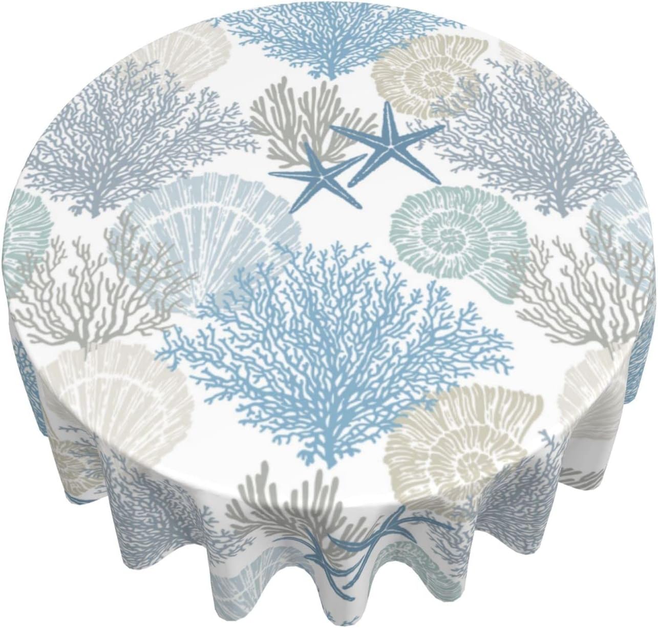 Nautical Coastal Tablecloth Round 70 Inch Summer Beach Starfish Coral ...
